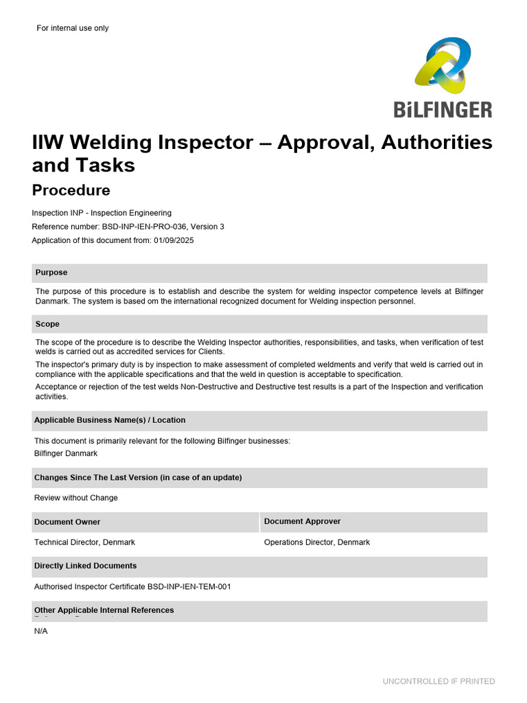 IIW Welding Inspector - Approval, Authorities and Tasks Procedure | PDF ...