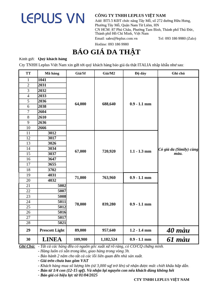 Báo Giá Da Thật 01.Apr.2025 | PDF