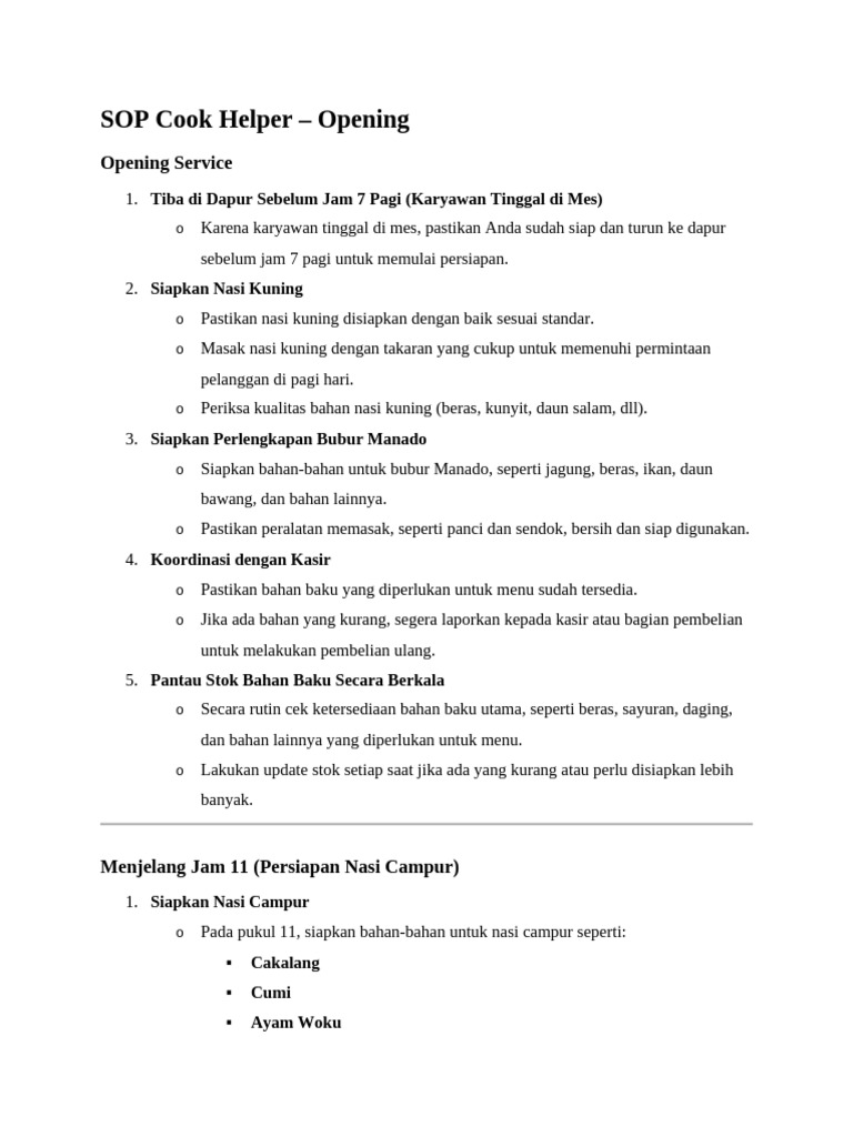 SOP Pembukaan dan Penutupan Cook Helper | PDF