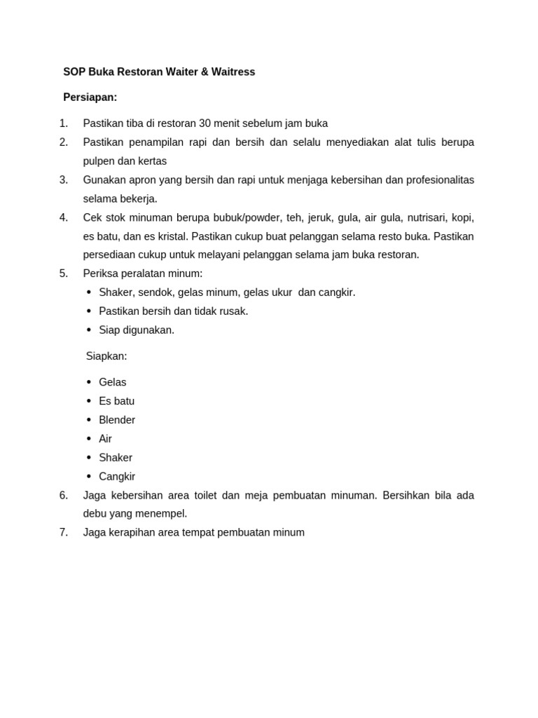 SOP Buka Restoran Waiter | PDF