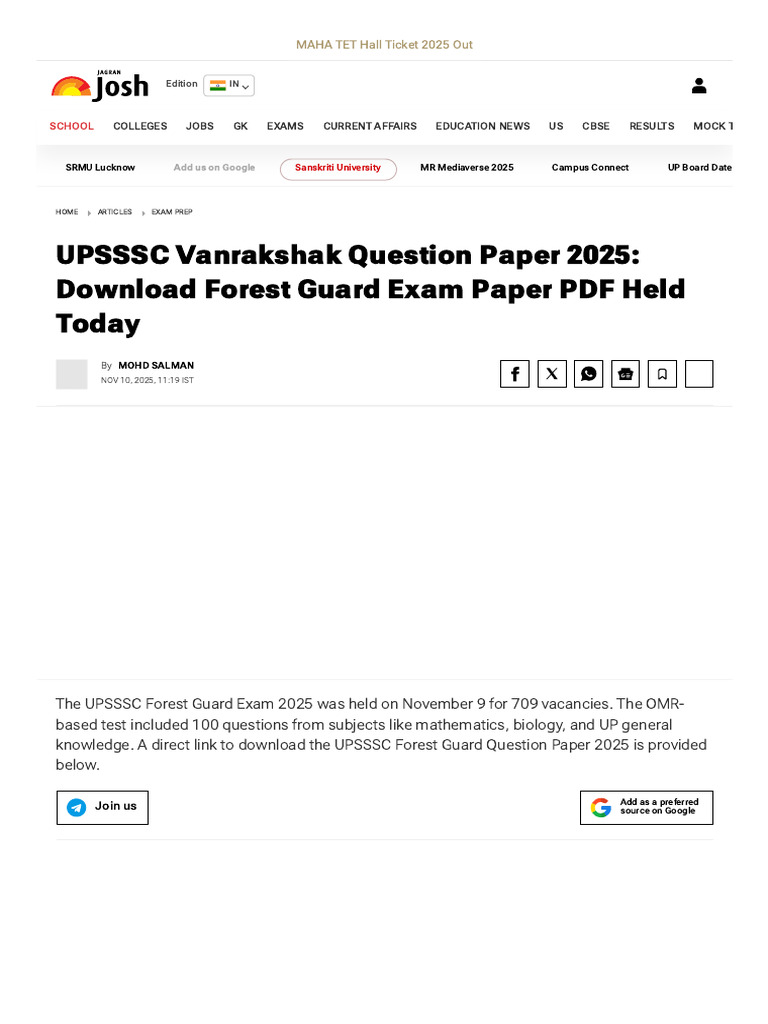 UPSSSC Forest Guard Paper 2025 PDF | PDF | Qualifications