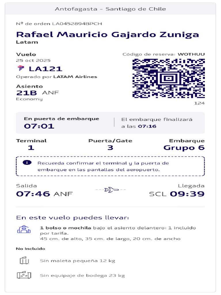 Tarjeta de Embarque Rafael Mauricio G LA121 | PDF