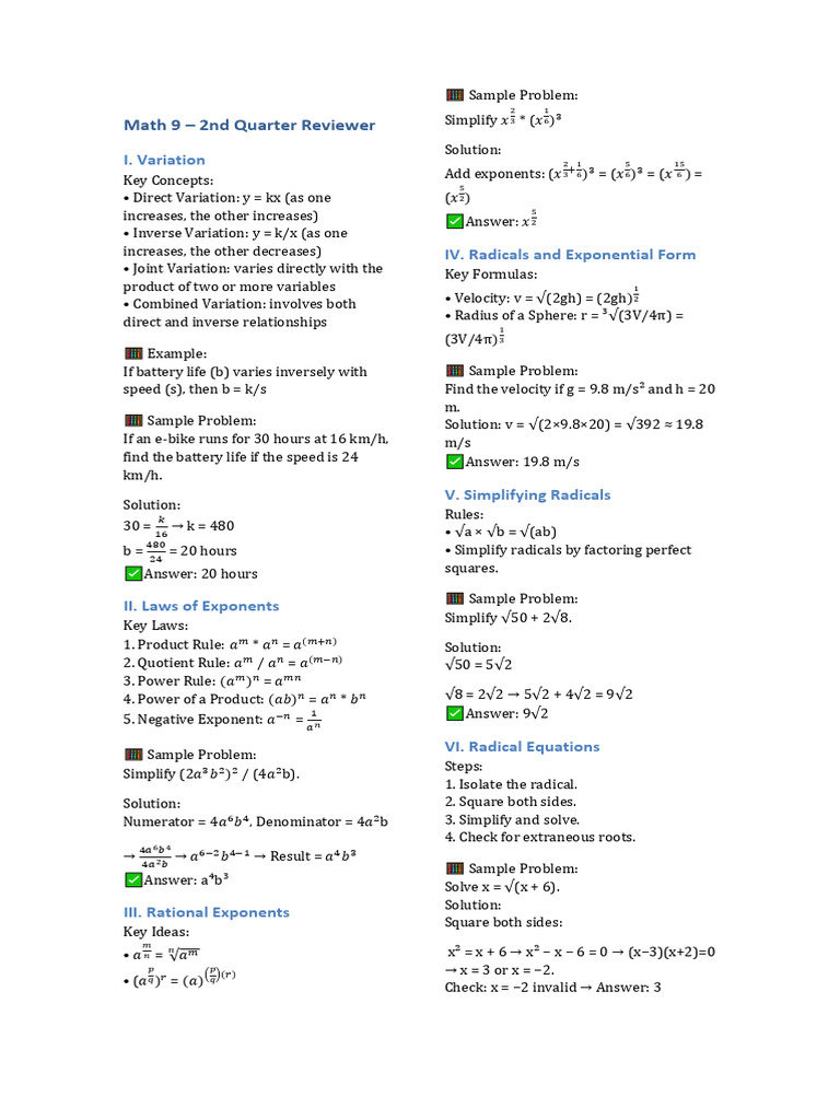 Math9 - 2Q REVIEWER 2025 2026 | PDF | Square Root | Exponentiation