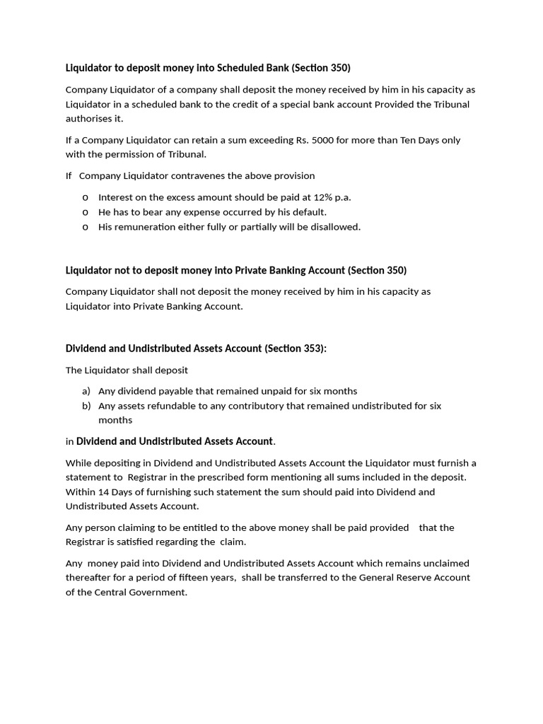 Liquidator To Deposit Money Into Scheduled Bank (Section 350) | PDF