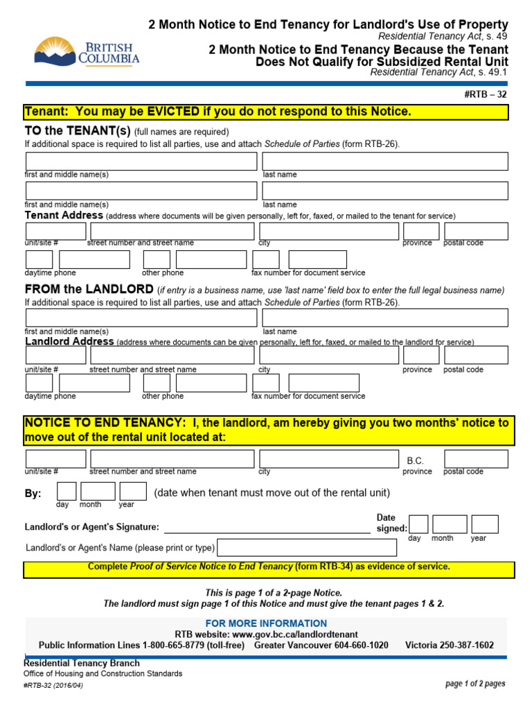 2 Month Notice To End Tenancy | PDF | Leasehold Estate | Landlord