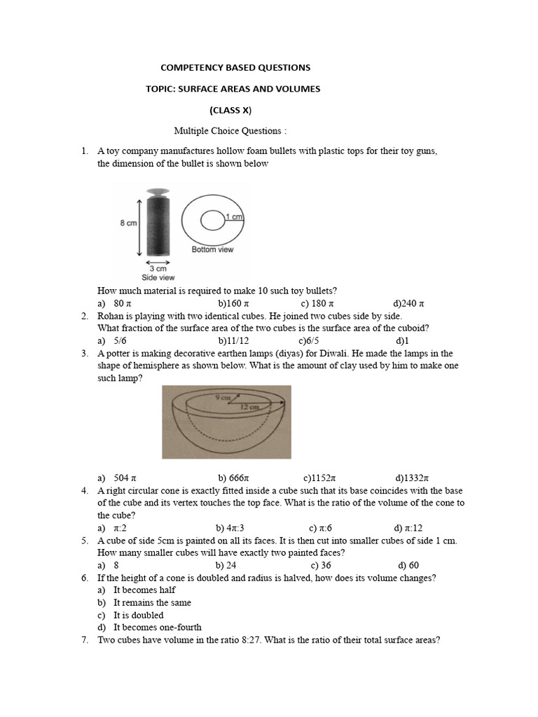 Competency-Based Questions on Surface Areas and Volumes | PDF | Area ...