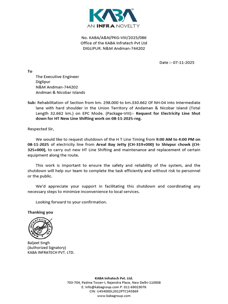 Letter No 88 Request For Electricity Line Shut Down For HT New Line ...