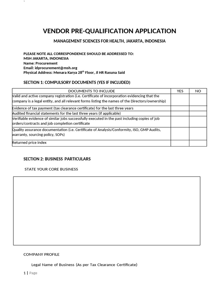 Vendor Pre-Qualification Form MSH Jakarta | PDF | Business