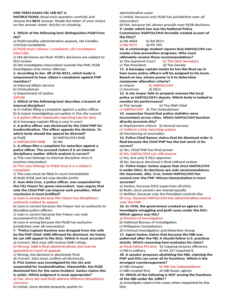 Mid Term Exam Cri 168 Set A and B | PDF | Arrest | Police