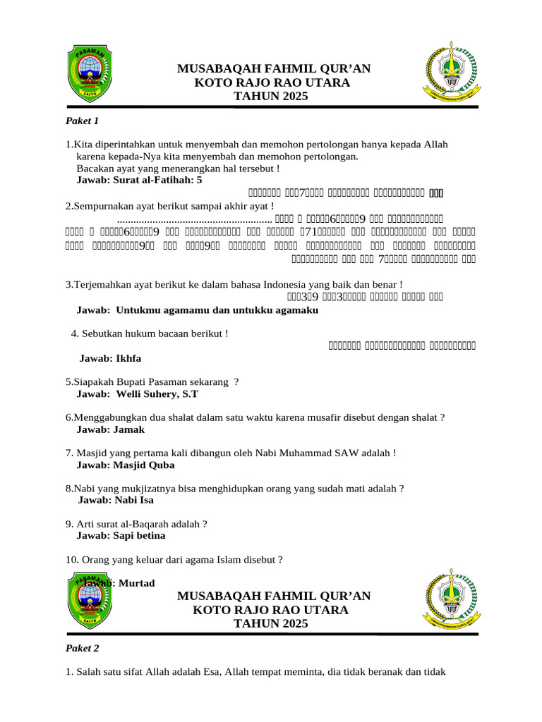 Soal MFQ 2025 Koto Rajo | PDF