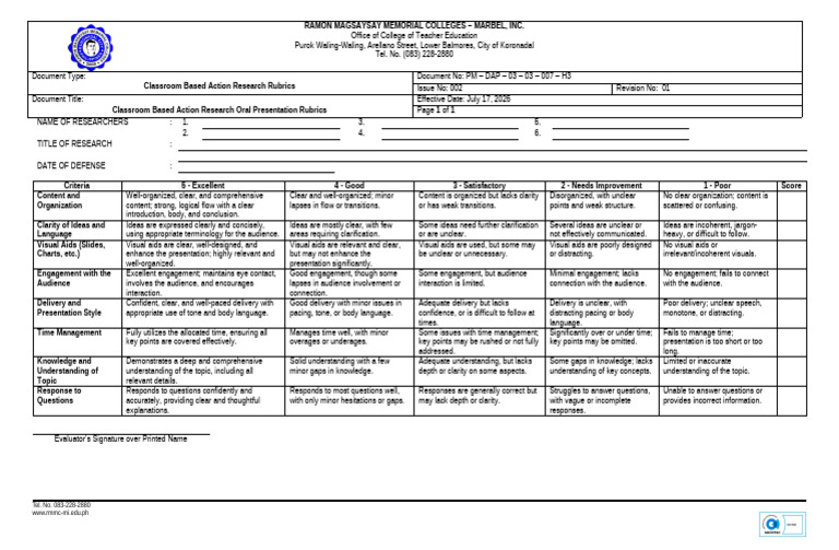 CBAR Presentation Rubrics 2025 | PDF | Cognitive Science | Communication