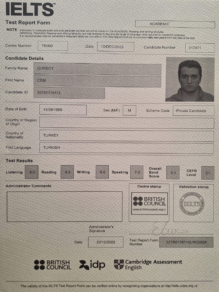 Ielts Test Report Form Cem Gursoy | PDF