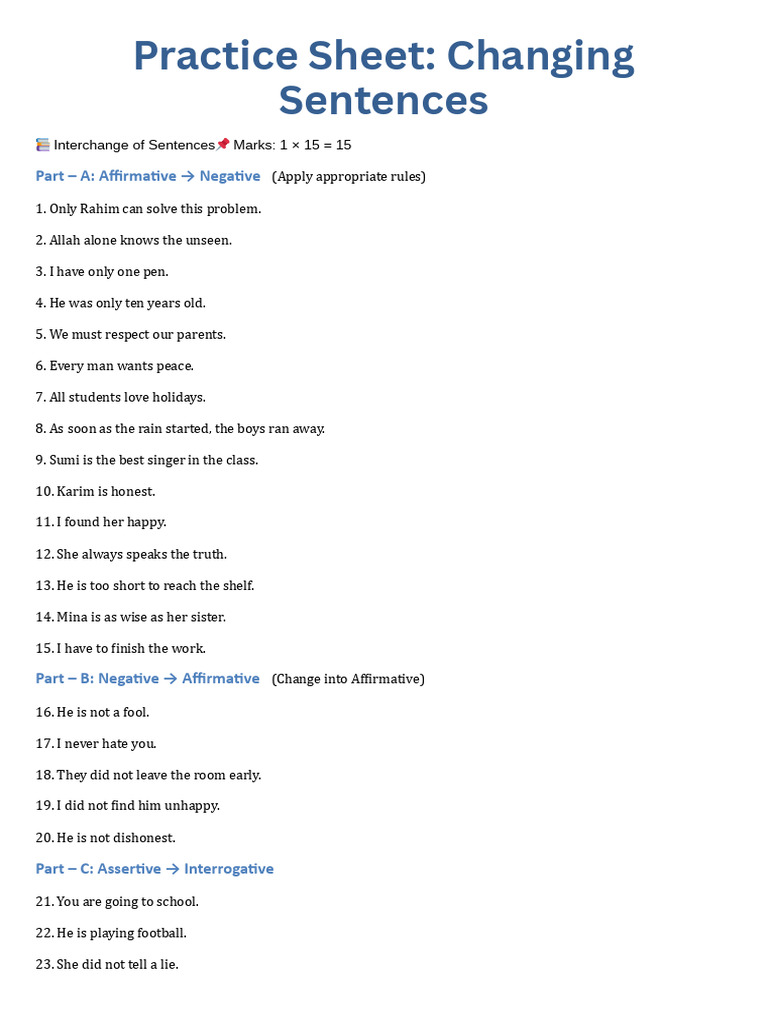 Practice Sheet - Changing Sentences (Affirmative To Negative) | PDF