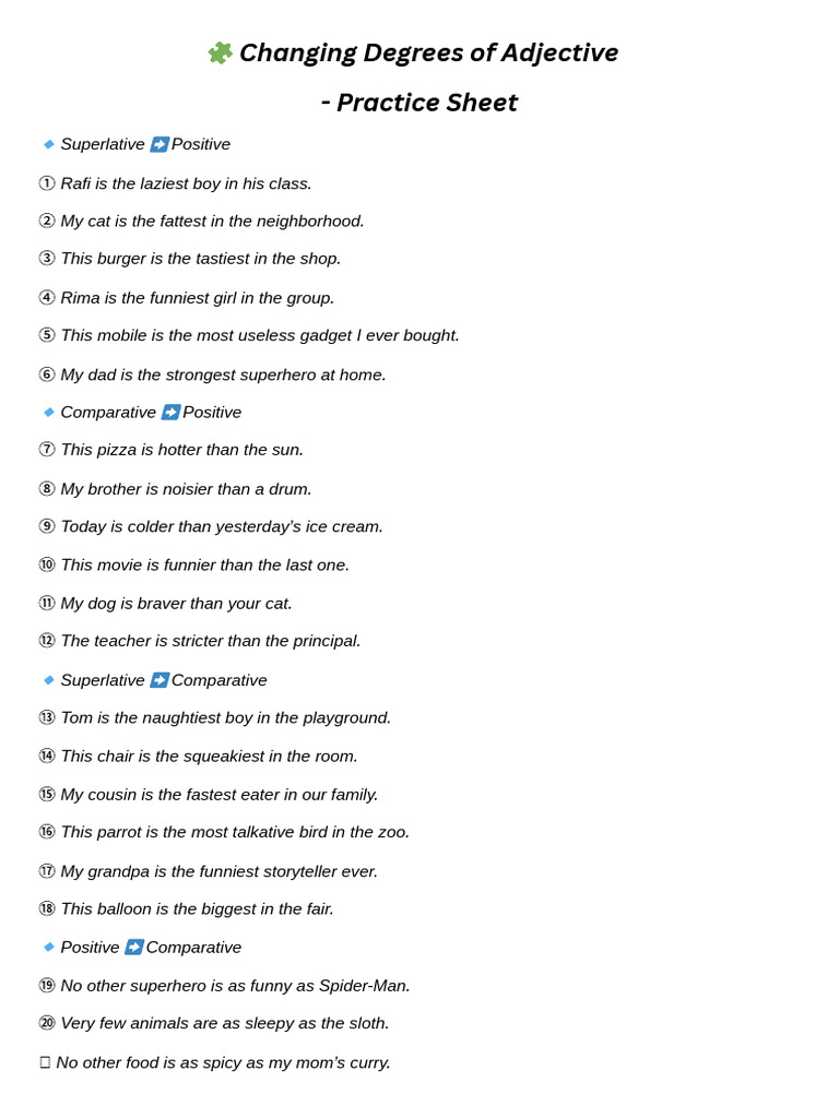 ? Changing Degrees of Adjective - Practice Sheet (Funny Edition ...
