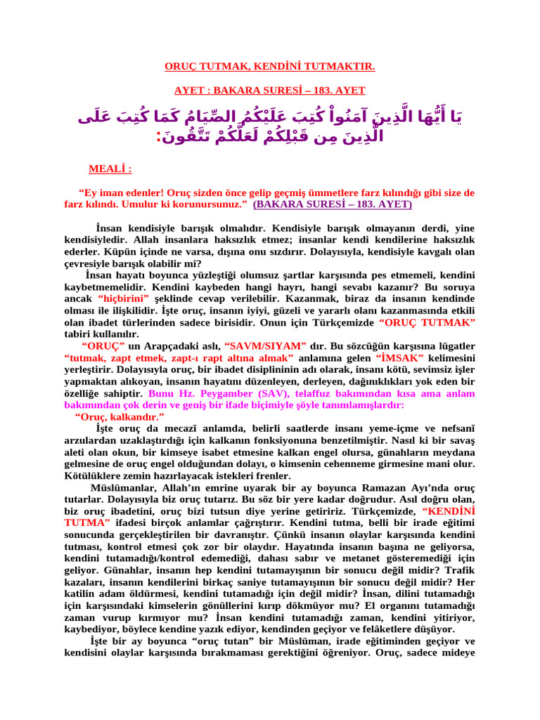 Oruç Tutmak Kendi̇ni̇ Tutmaktir | PDF
