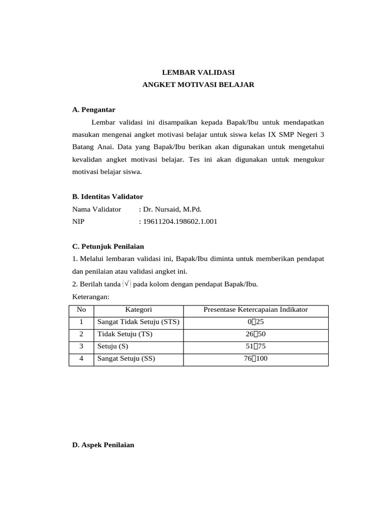 Validasi Angket Motivasi Belajar SMP | PDF