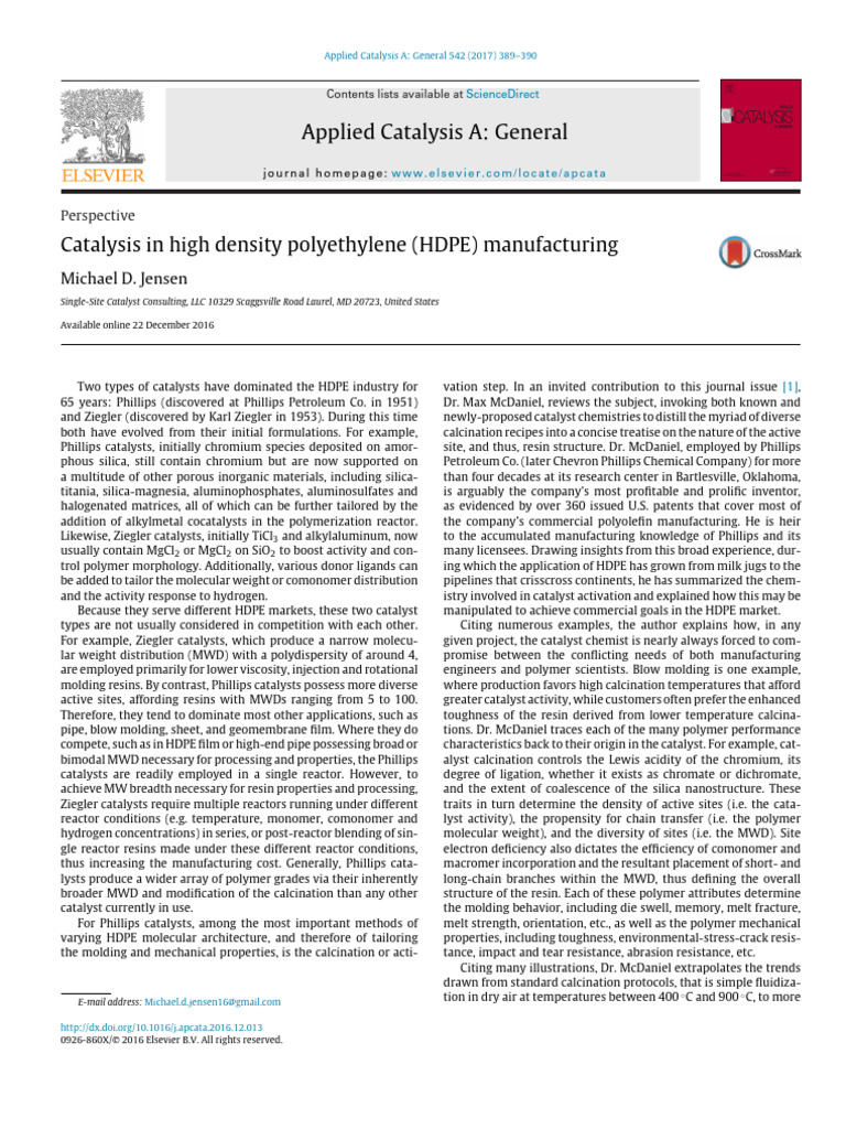 HDPE Polymer Catalyst Overview | PDF | Catalysis | Polymers