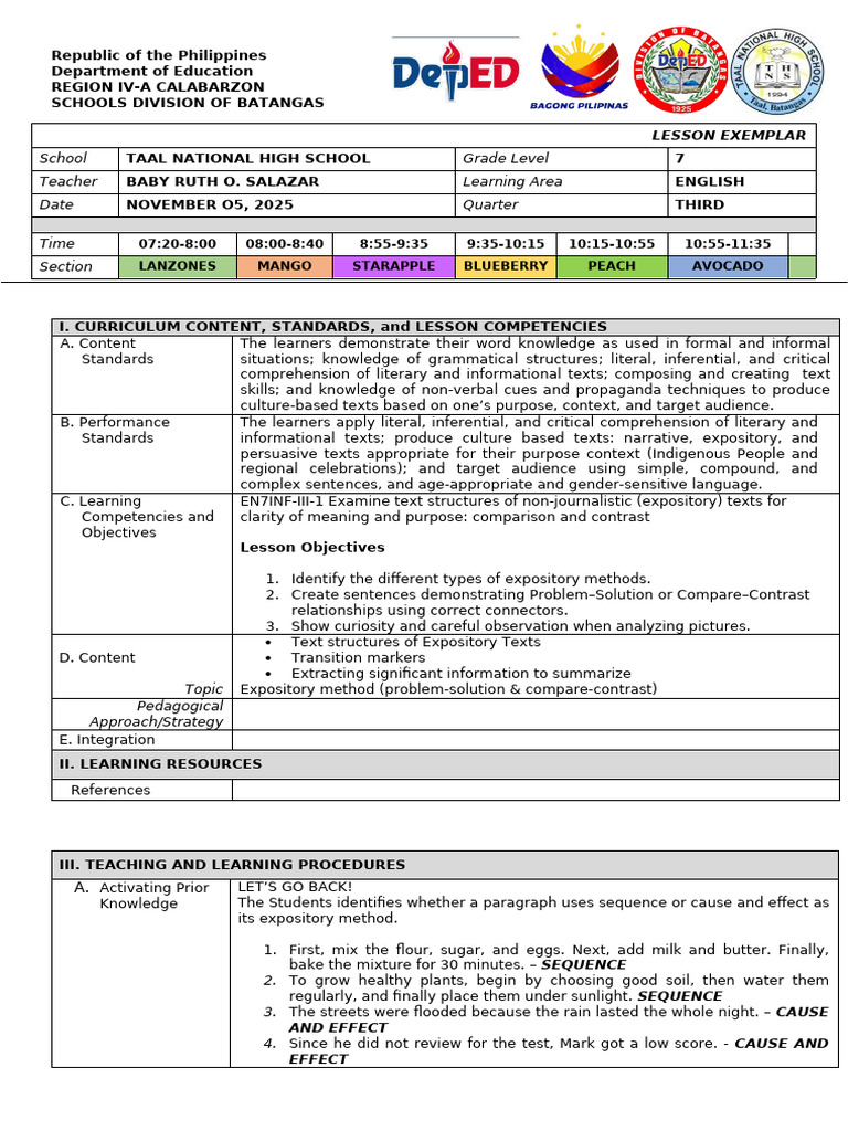 Grade 7 Expository Text Lesson Plan | PDF | Learning | Knowledge