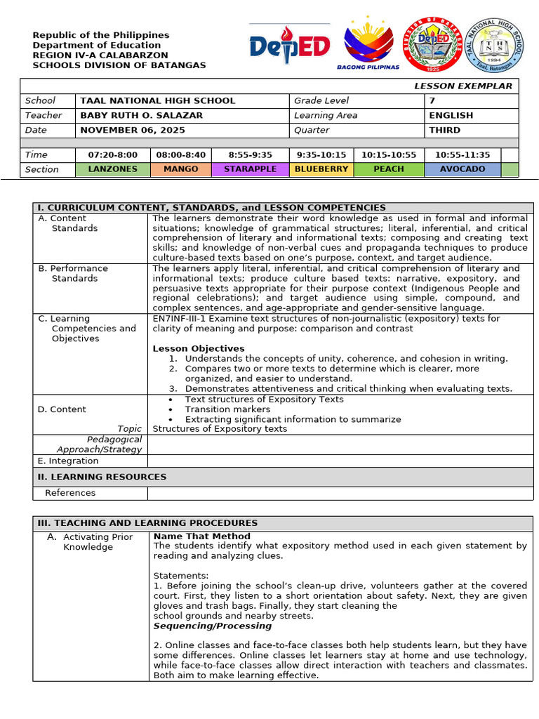 Grade 7 English Lesson on Expository Texts | PDF | Reading ...