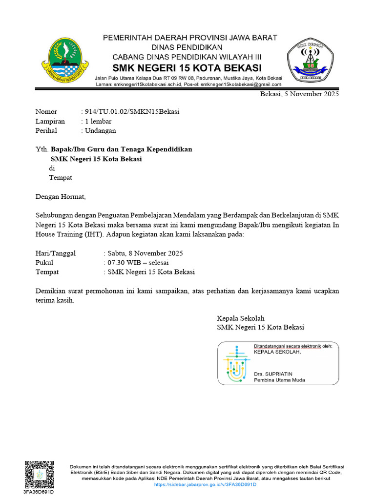Undangan In House Training SMK 15 Bekasi | PDF