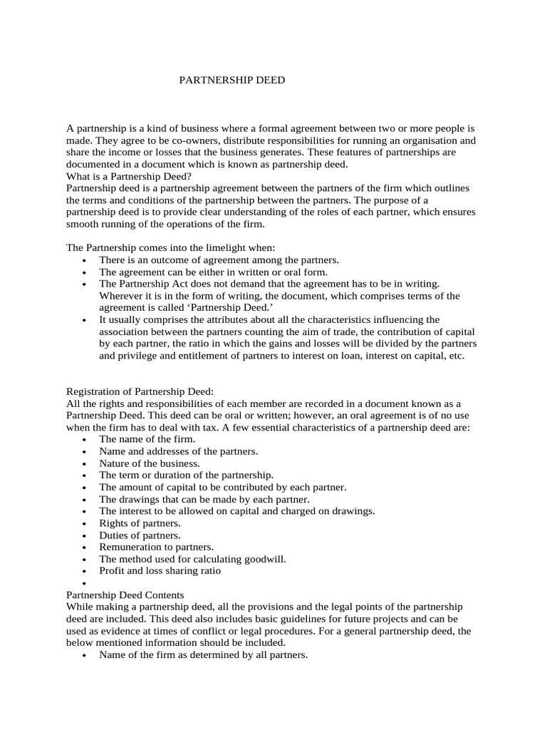 Partnership Deed | PDF | Partnership | Deed