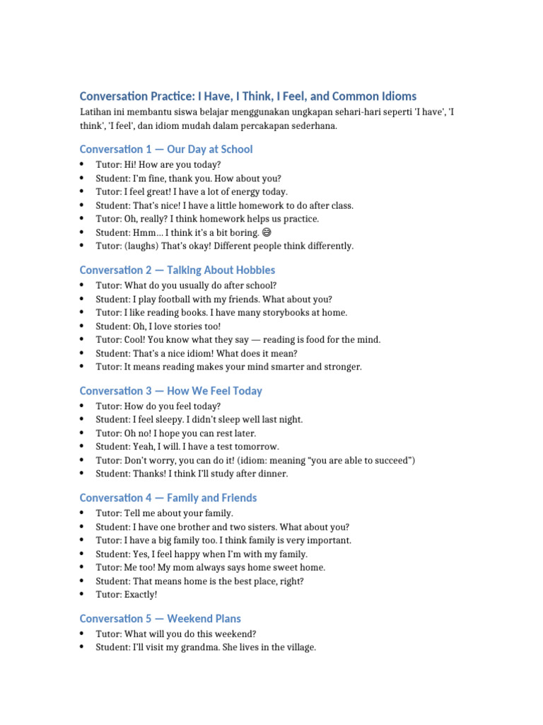 Conversation Practice I Have I Think I Feel and Idioms | PDF