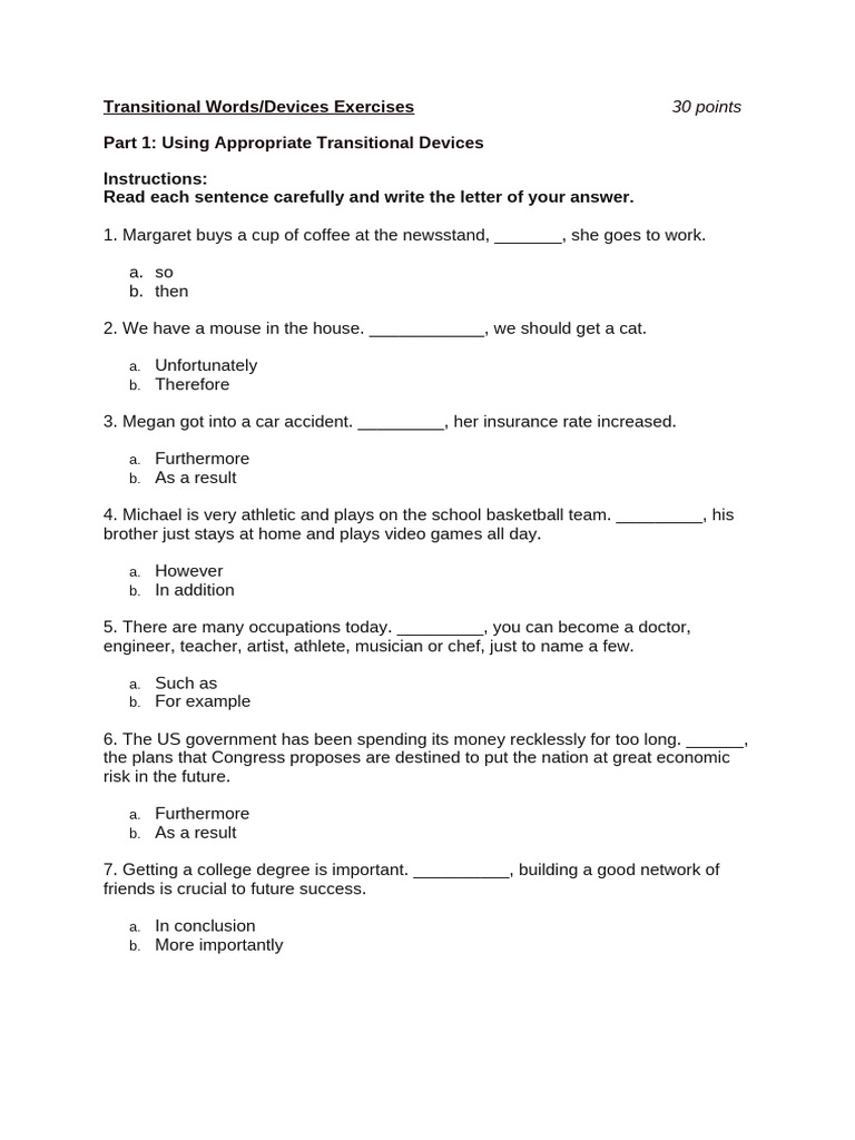 Transitional Words Exercises Guide | PDF