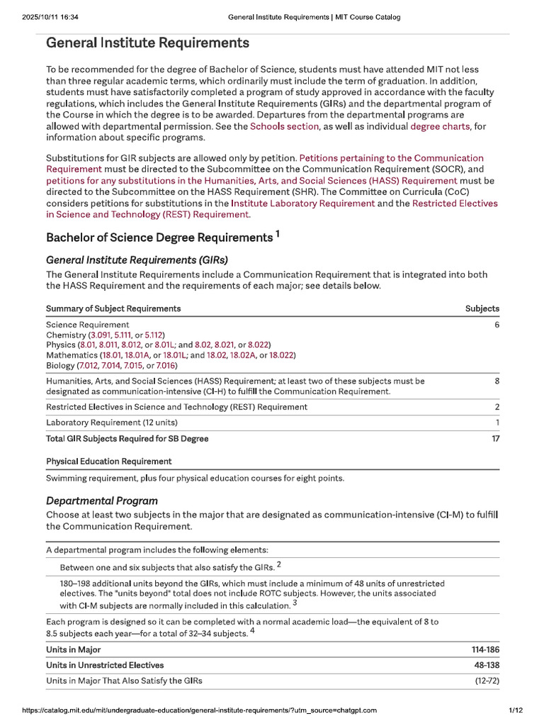 General Institute Requirements - MIT Course Catalog | PDF
