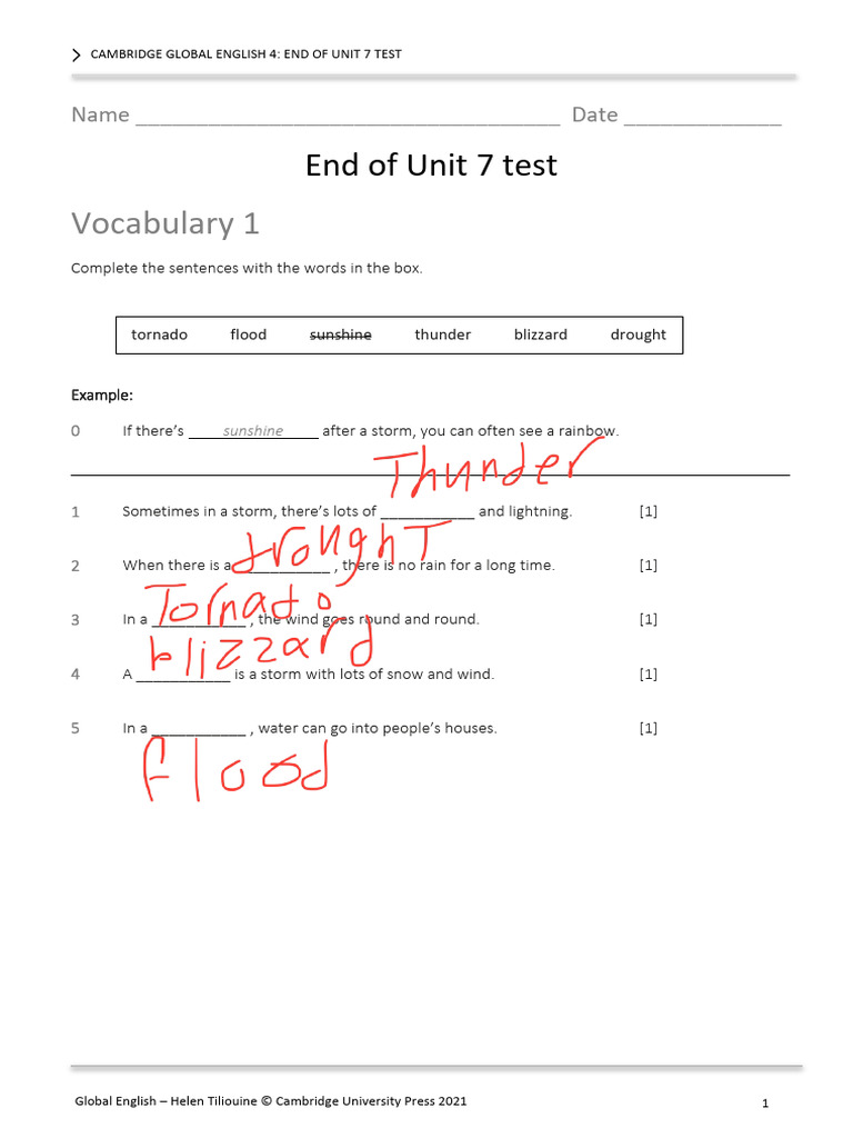 Cambridge Global English 4 Unit 7 Test | PDF | Weather Hazards | Storms