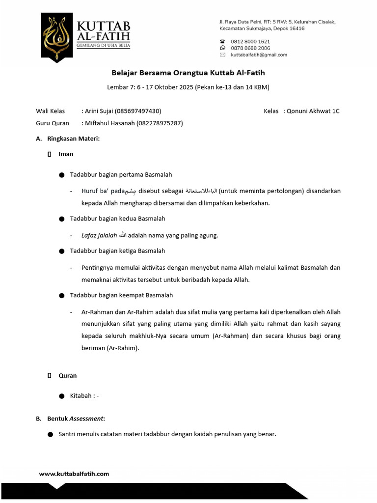 Materi KBM Kuttab Al-Fatih 2025 | PDF