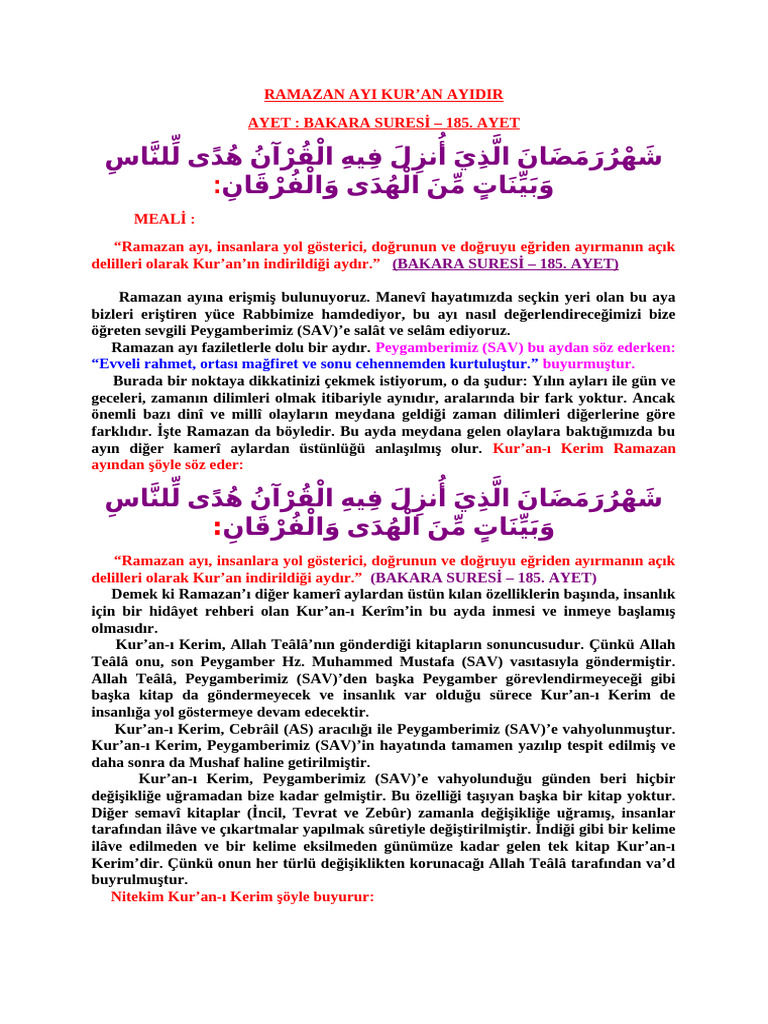 Ramazan Ayi Kur'an Ayidir | PDF