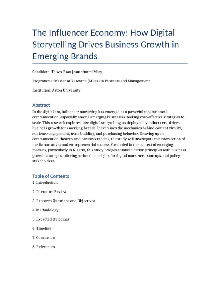 MRes Proposal Influencer Economy Taiwo-Esan Jesutofunmi Mary | PDF ...