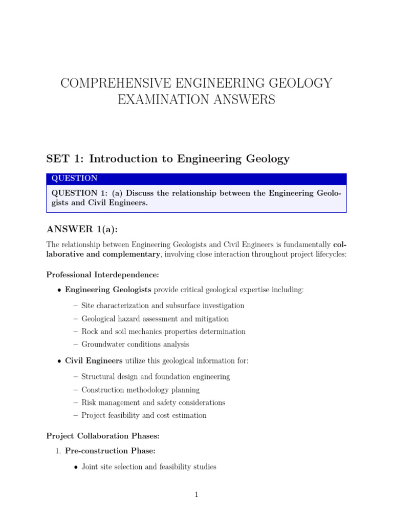 Engineering Geology Exam Answers Set 1 | PDF | Minerals | Rock (Geology)