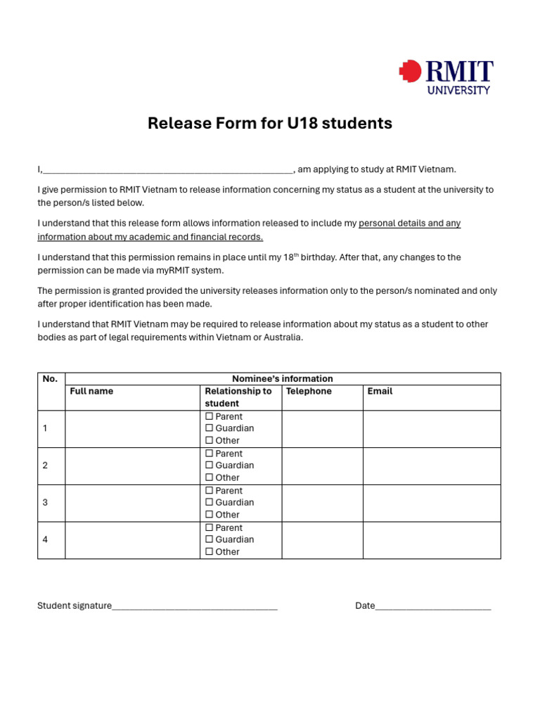 RMIT Vietnam U18 Student Release Form | PDF