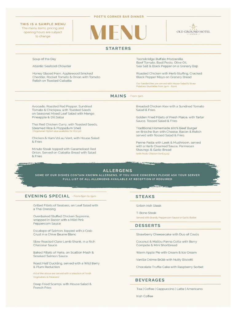 Poets Corner Bar Sample Dinner Menu | PDF