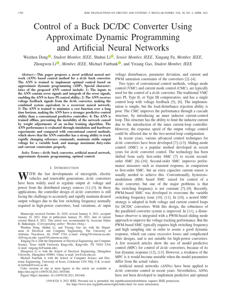 Control of A Buck DC DC Converter Using Approximate Dynamic Programming and Artificial Neural ...
