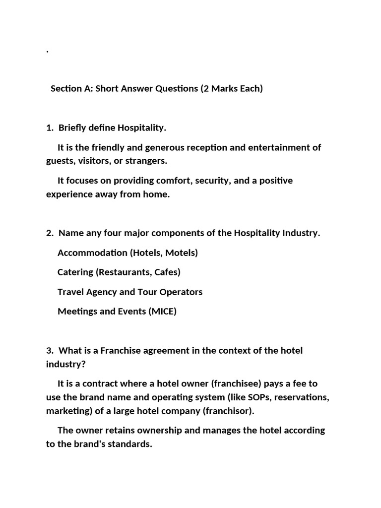 BHM - 2 Internal Question Answer | PDF | Hotel | Franchising