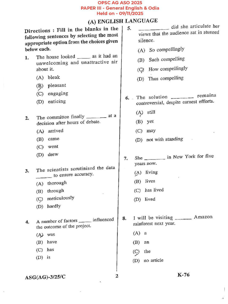 Opsc Ag Aso 2025 Paper III (English & Odia) | PDF