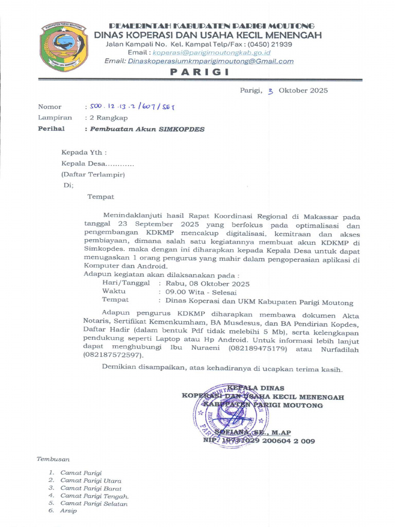 Surat Pembuatan Akun Simpkopdes. | PDF