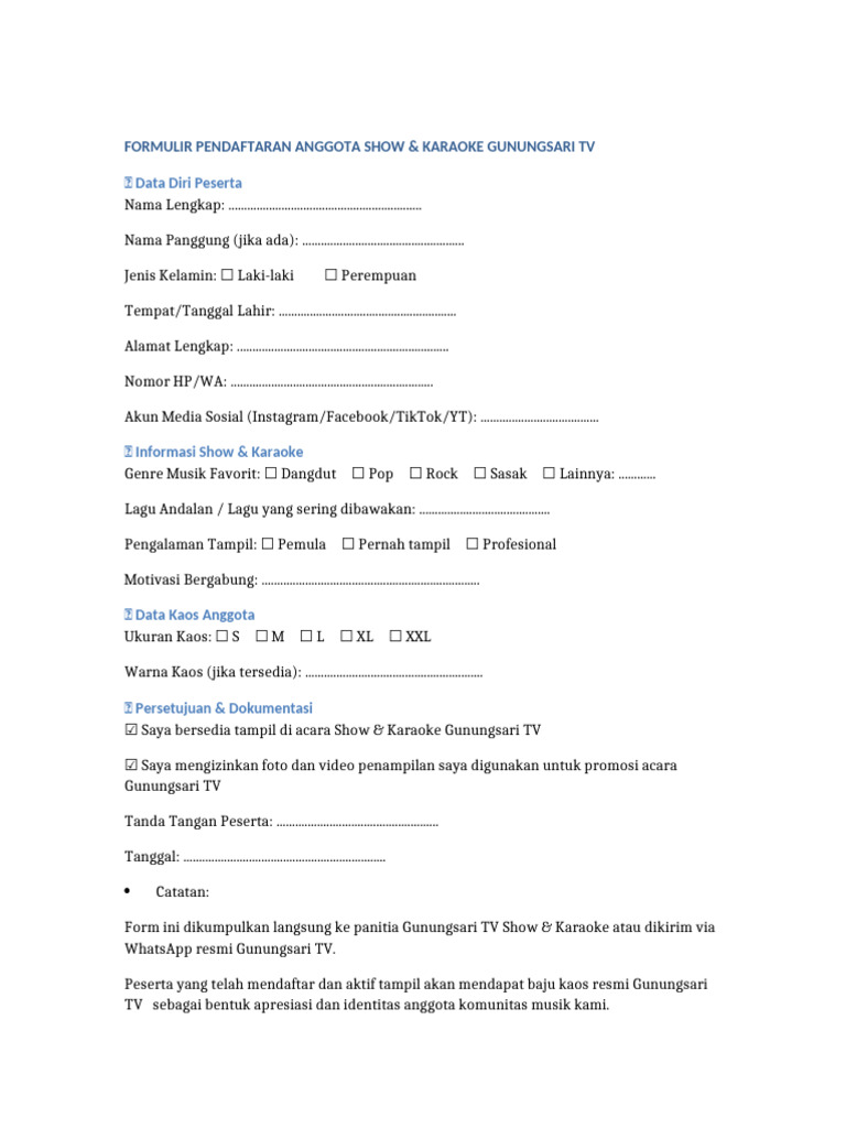 Formulir Pendaftaran Show Karaoke GunungsariTV | PDF