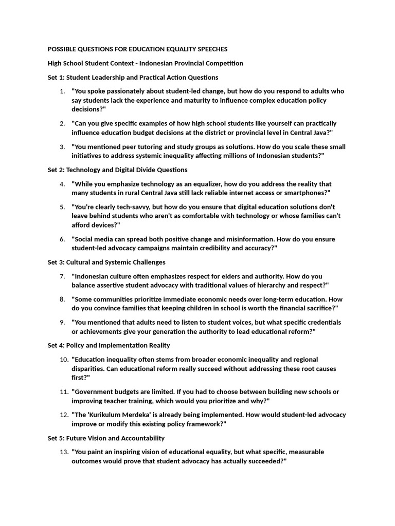 Education Equality Speech Questions | PDF | Policy | Education Reform