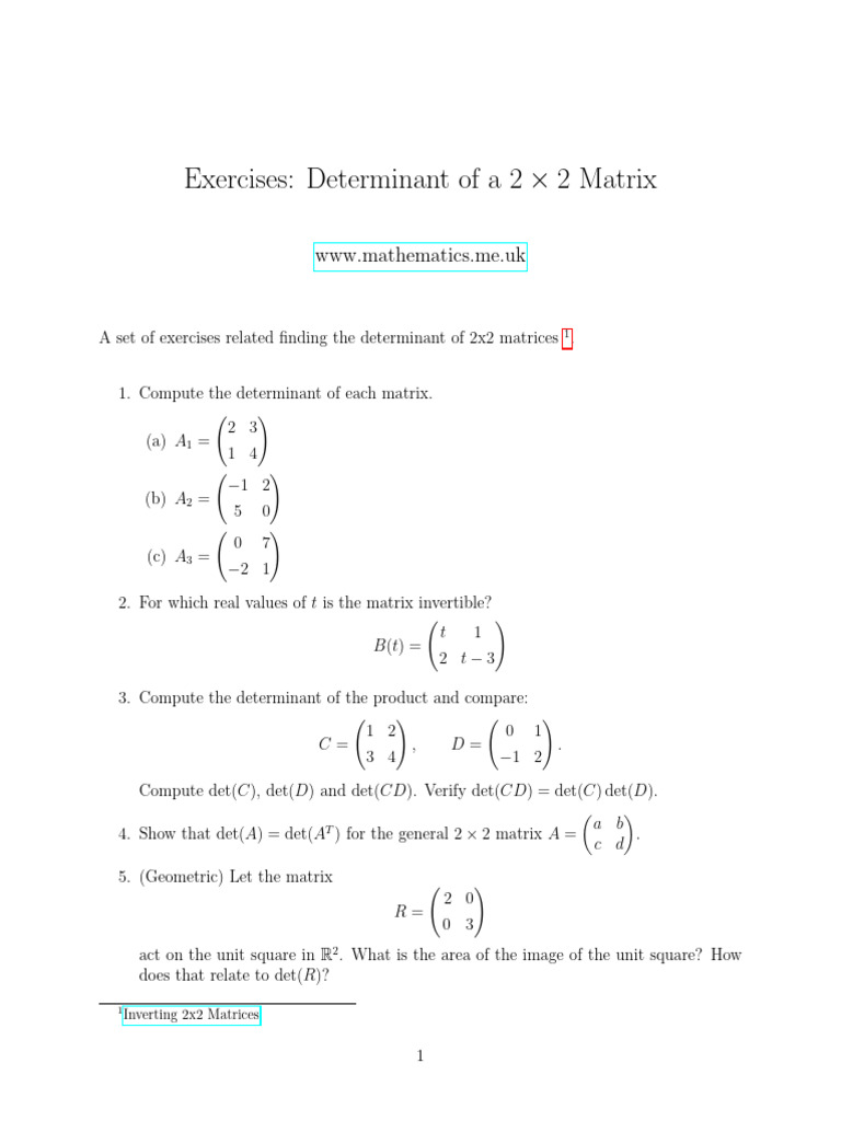 Exercises on 2x2 Matrix Determinants | PDF | Determinant | Matrix ...