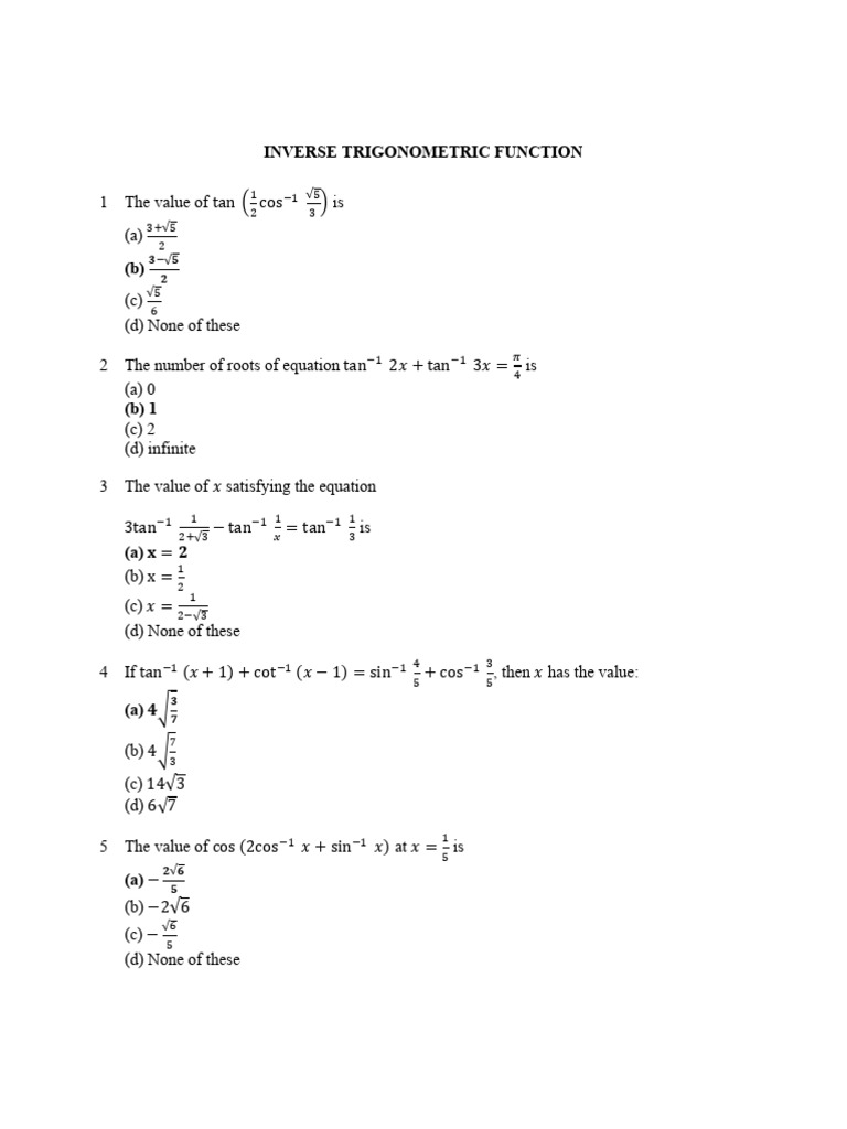 Inverse Trigonometric Functions Quiz | PDF | Trigonometric Functions ...