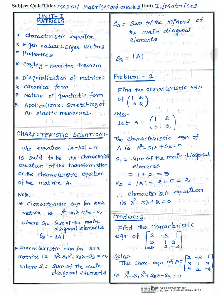 Unit I Matrices Hand Written Materials | PDF