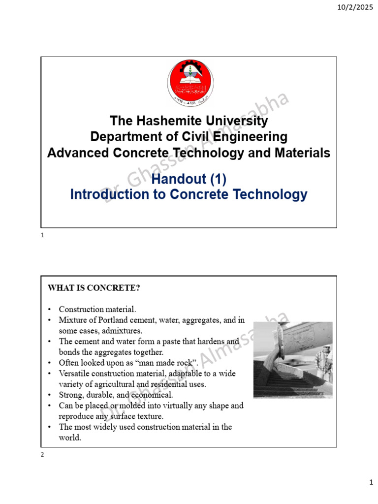 Handout (1) - Introdution To Concrete Technology | PDF | Concrete | Cement
