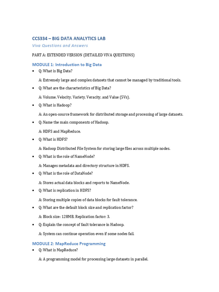 CCS334 Big Data Analytics Lab Viva QA | PDF | Apache Hadoop | Map Reduce