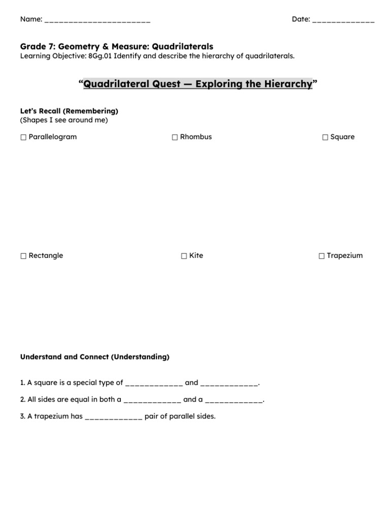 Quadrilateral Hierarchy for Grade 7 | PDF | Rectangle | Geometric Shapes