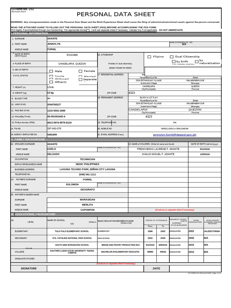 Personal Data Sheet for Teacher Application | PDF