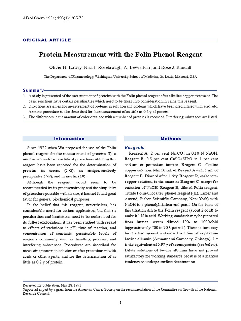 Protein Measurement Using Folin Reagent | PDF | Acid | Precipitation ...