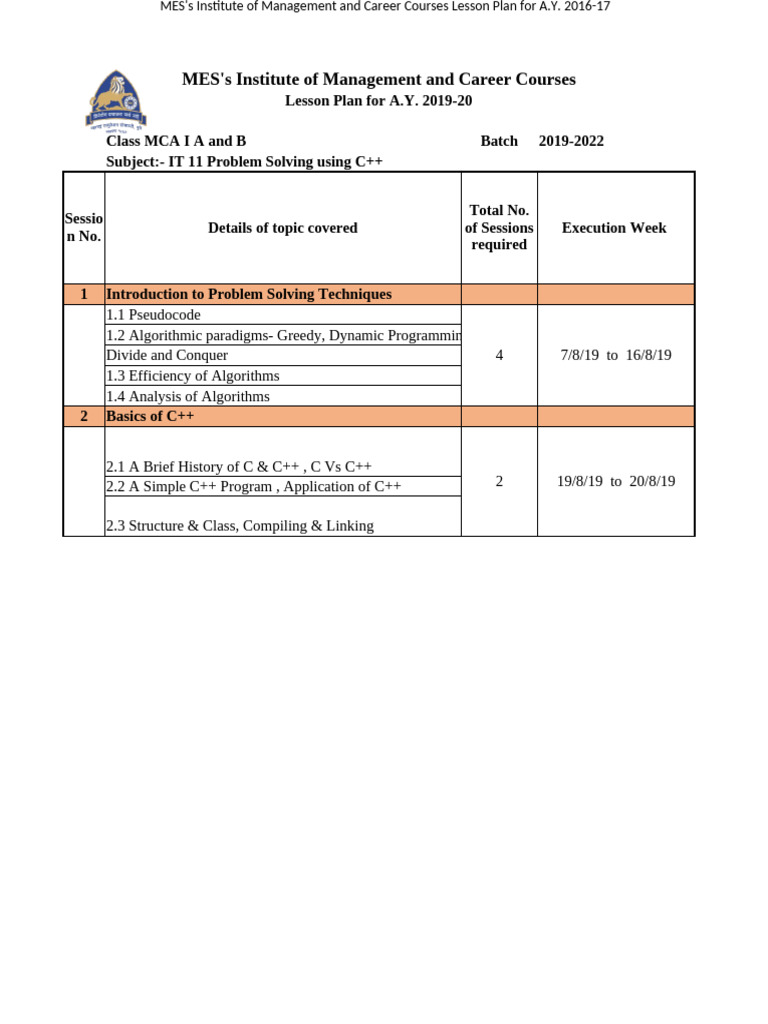 Problem Solving Using C++ - Lesson Plan - 2019-20 | PDF | C++ ...
